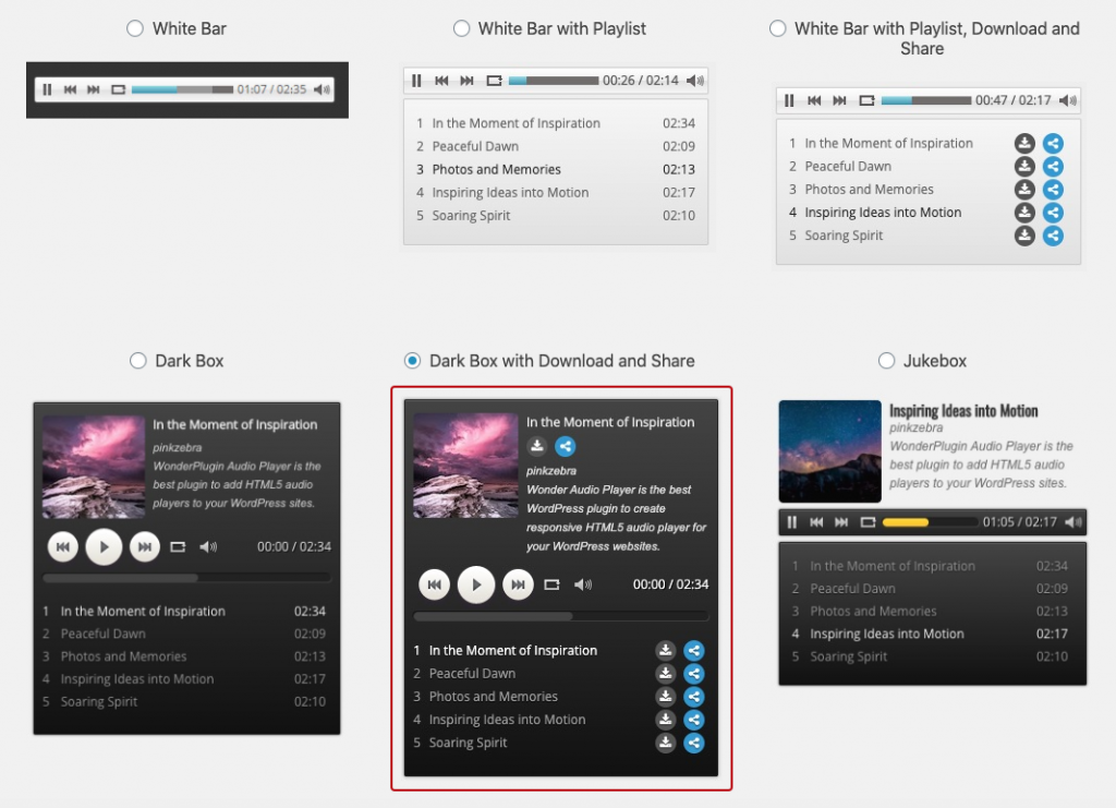 WordPress audio player with download buttons and social media share ...